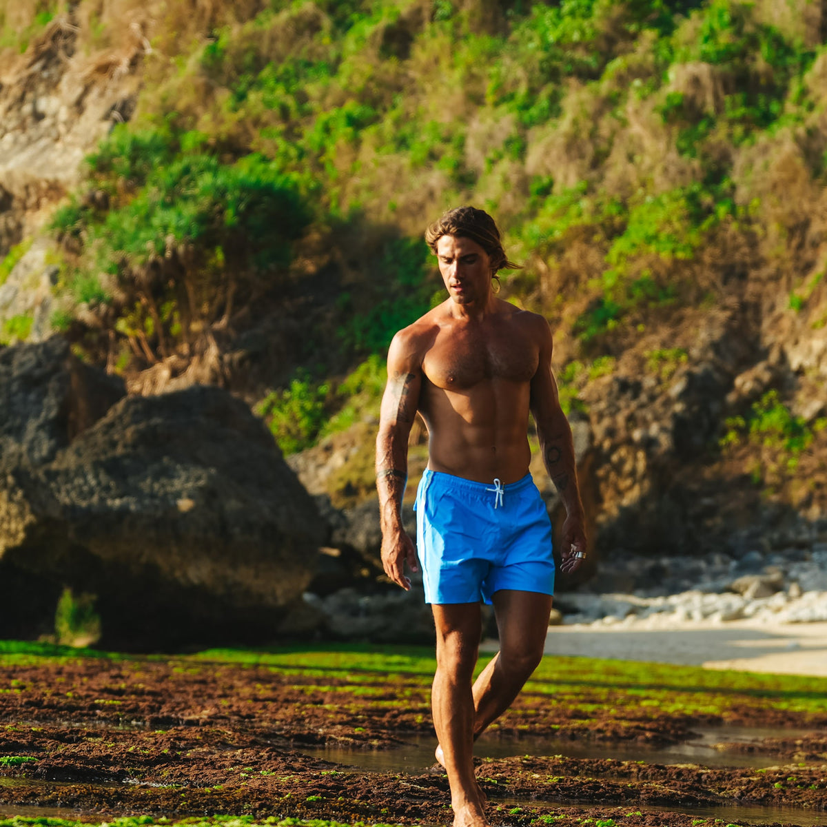 Light blue swim trunks with compression liner – Bermies